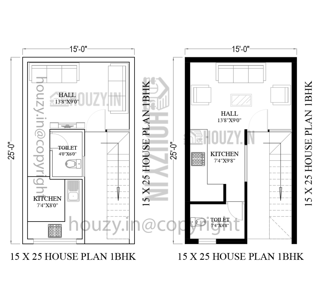 15 25 house plan | 1bhk ground floor plan | HOUZY.IN