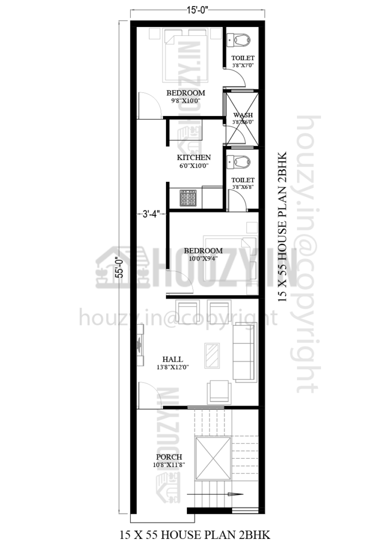 15x55 house plan | 15 by 55 house plan 2BHK | HOUZY.IN