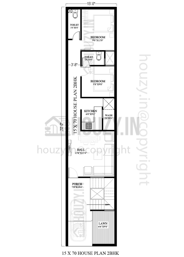 15x70 house plan | 15x70 floor plan 2BHK | HOUZY.IN