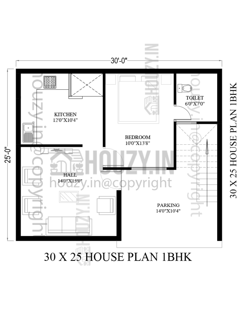 30x25 house plans | 1BHK | 750 sqft house plans with Vastu | HOUZY.IN