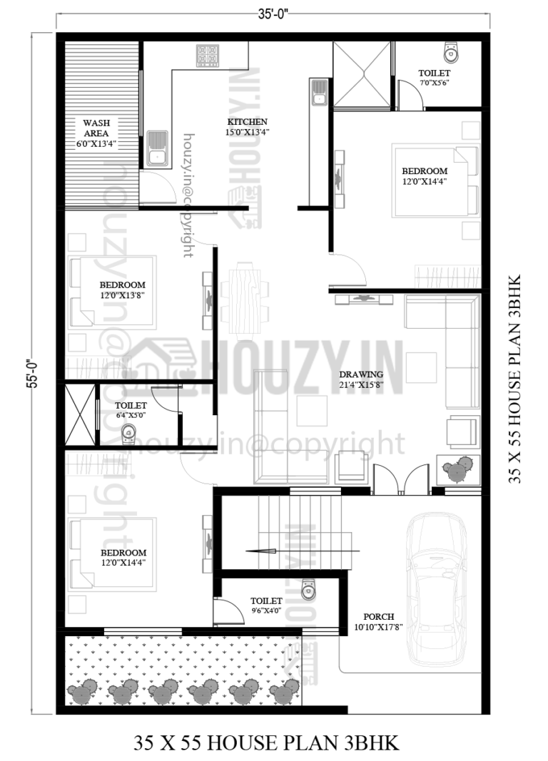 35x55 house plan | 35x55 House Plan 3BHK | HOUZY.IN