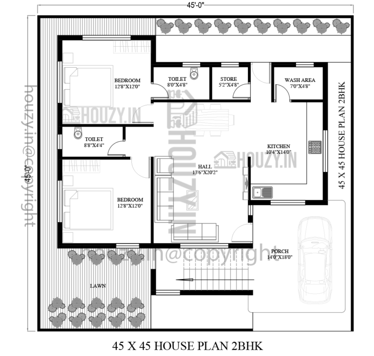 45x45 house plans | 45 by 45 house plans 3d | HOUZY.IN