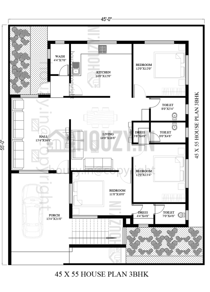 45 55 house plan | Best 45x55 feet house plan 3bhk | HOUZY.IN