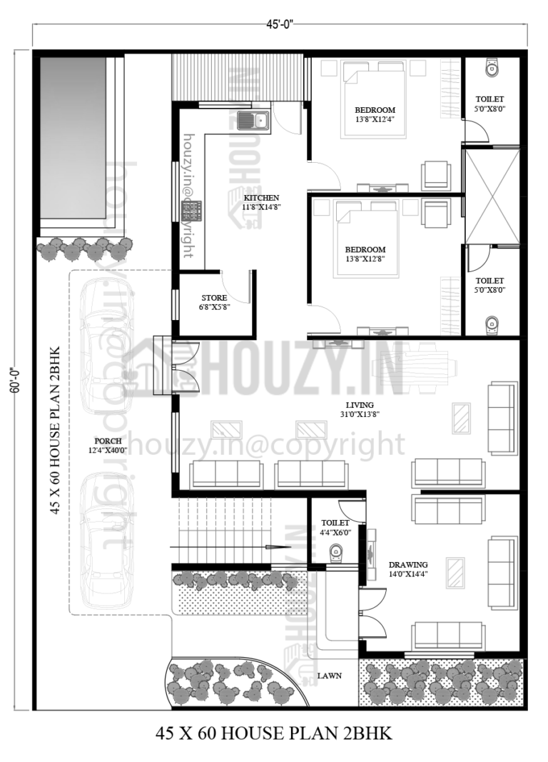 45 x 60 house plan | 45*60 house plan with garden | HOUZY.IN