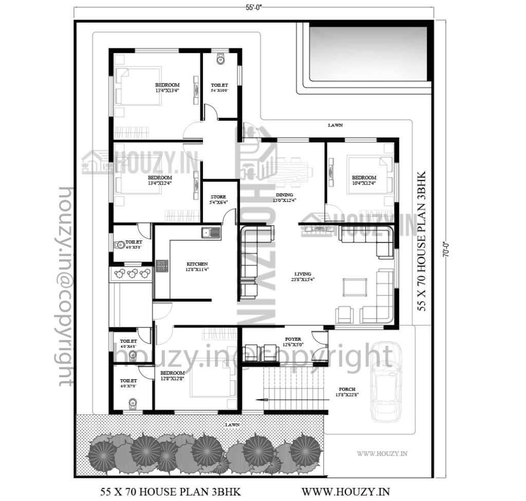 55x70 house plan | 3BHK 55x70 house plan with garden | HOUZY.IN