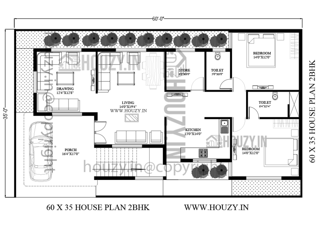 60 35 house plan | Best 60 x 35 house plans 2bhk with parking | HOUZY.IN