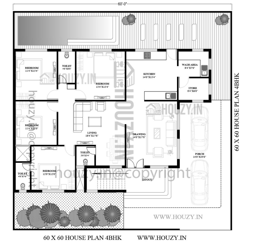 60 by 60 house plan 4 bedrooms 60 feet house plan