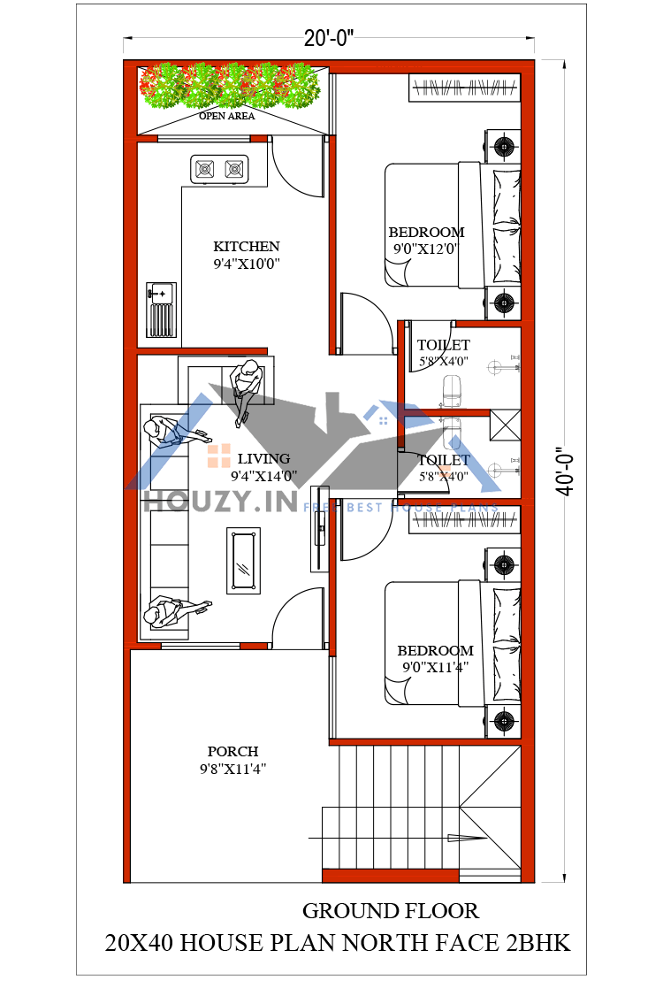 20x40 house plan | 20x40 House Design 2bhk with porch | HOUZY.IN