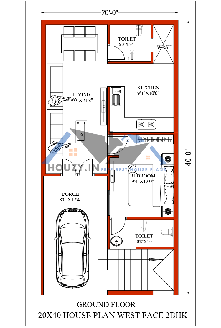 20x40 house plan | 20x40 House Design 2bhk with porch | HOUZY.IN
