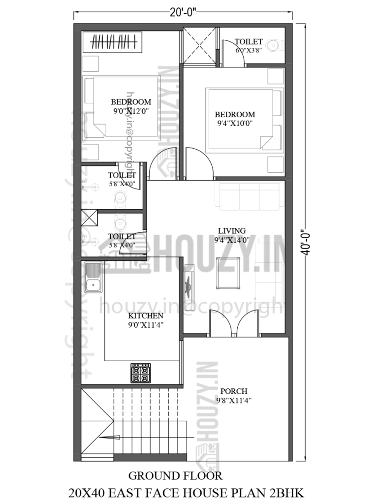 20 x 40 house plans east facing with vastu | 20 40 house plan | HOUZY.IN