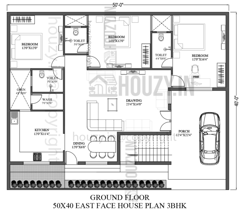 50x40 house plans east facing | 3BHK East Face house plan | HOUZY.IN