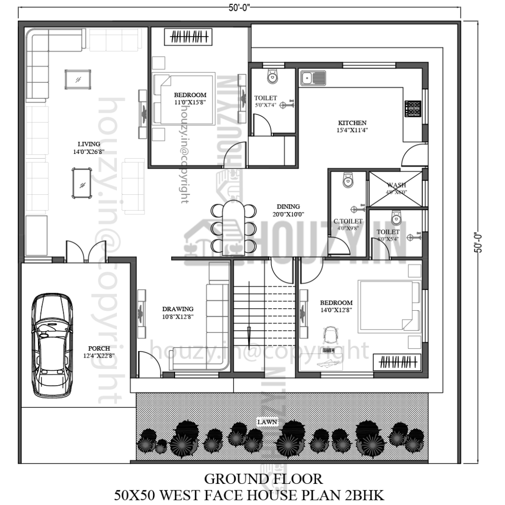 50x50 house plans west facing | 2BHK West Face ground floor plan | HOUZY.IN