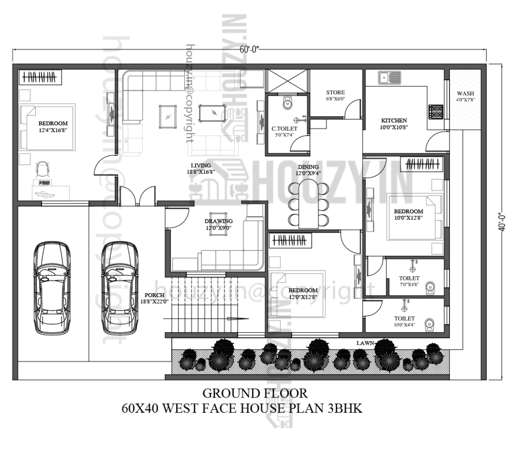 60 x 40 house plans west facing | 3BHK Vastu plan 2400 Sq Ft | HOUZY.IN