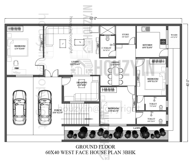 60 x 40 house plans west facing | 3BHK Vastu plan 2400 Sq Ft | HOUZY.IN