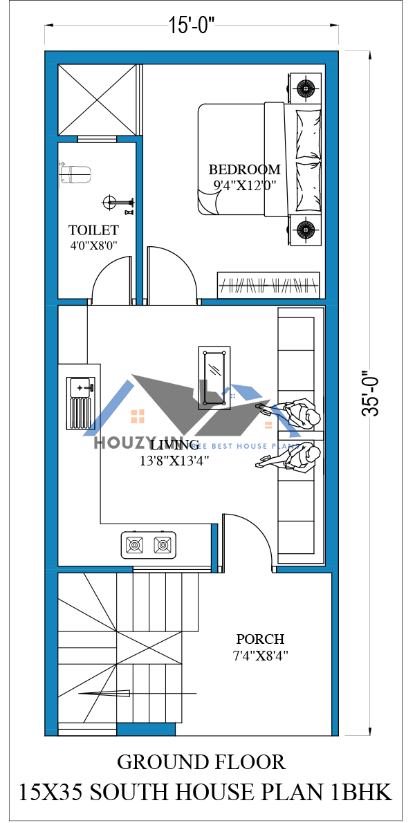 15x35 house plan | 1BHK 15*35 house plan 3d | HOUZY.IN