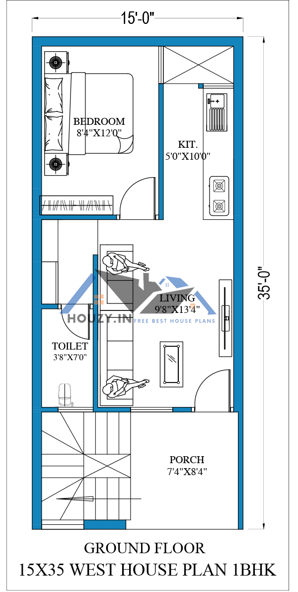 15x35 house plan | 1BHK 15*35 house plan 3d | HOUZY.IN