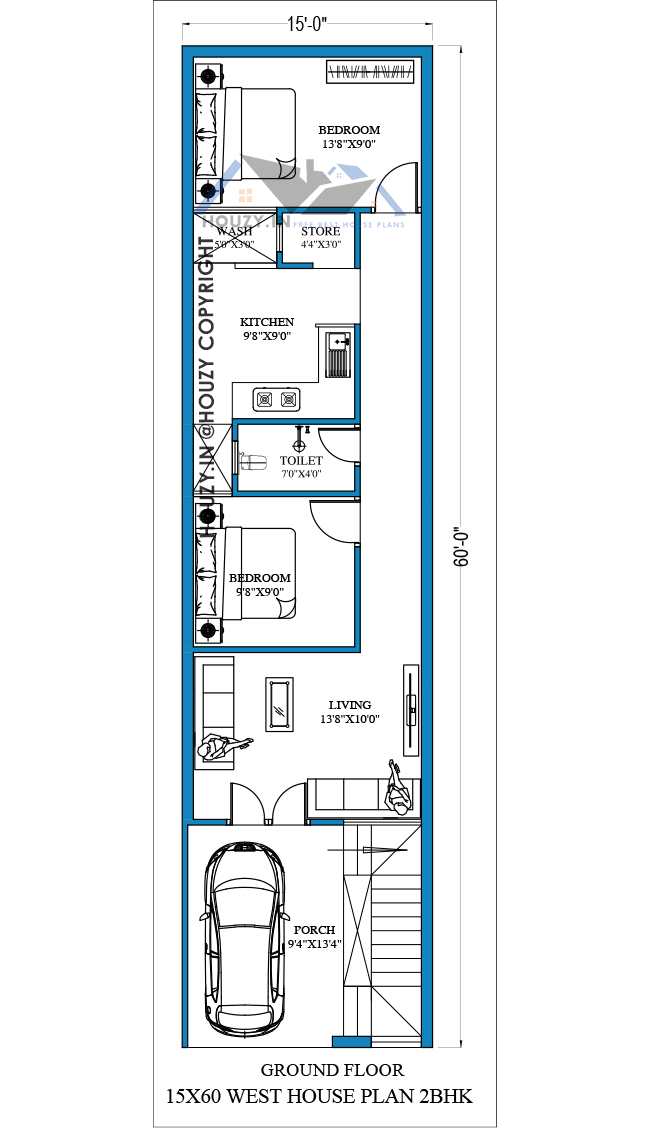 15x60 house plan | 1BHK 15 60 house plan 3d | HOUZY.IN