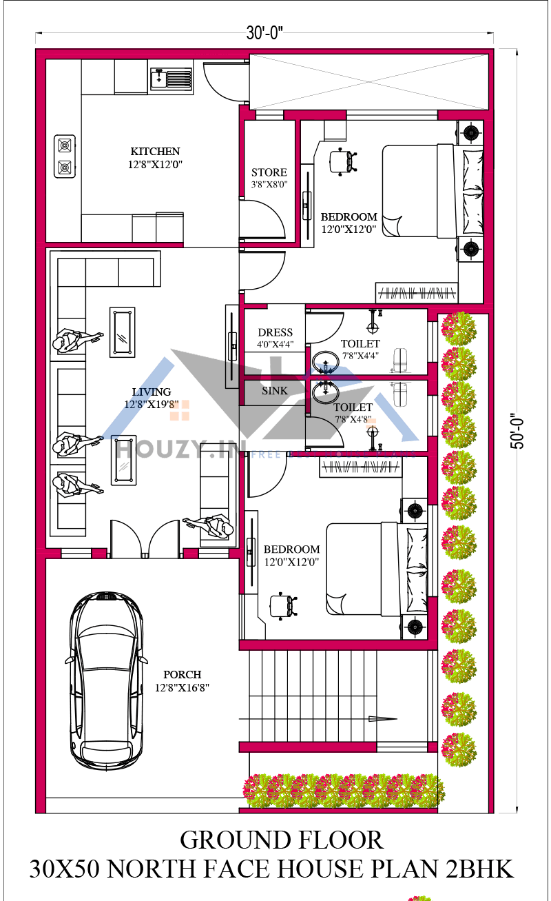 30x50 house plans | 30x50 3BHK house design | HOUZY.IN