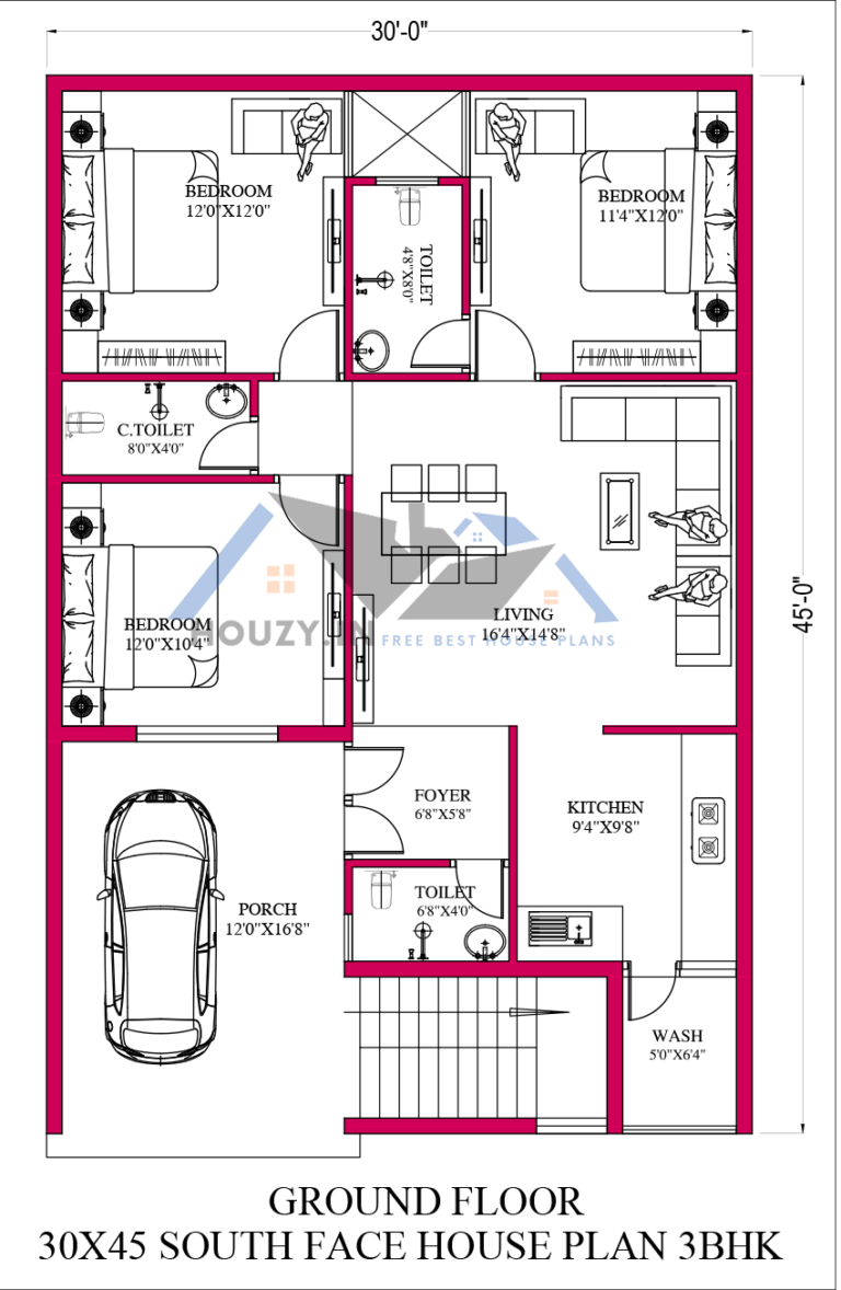 30x45 house plan | 30x45 2BHK house plan 3d | HOUZY.IN
