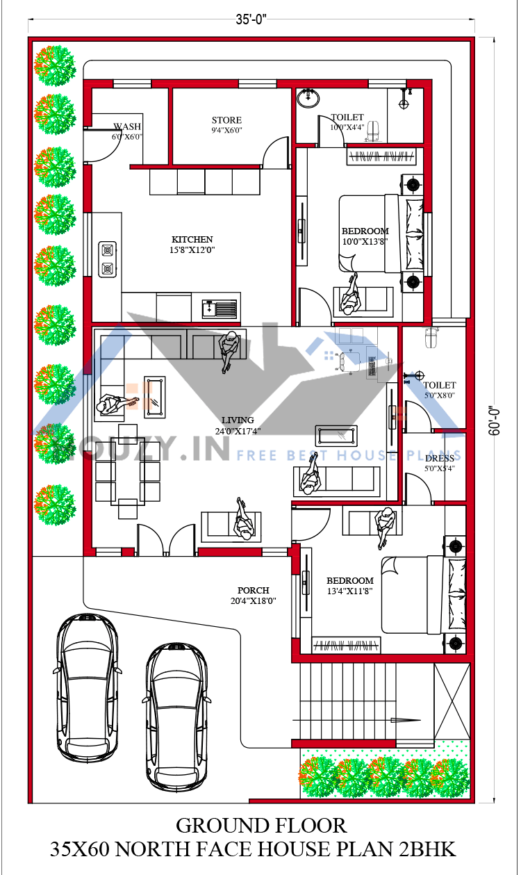 35x60 house plan | 2BHK 35*60 house plan with garden | HOUZY.IN