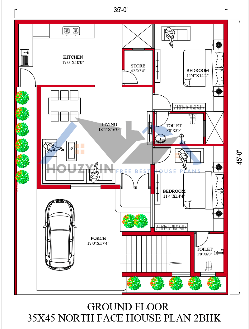 35x45 house plans | 2BHK 35 45 house design | HOUZY.IN