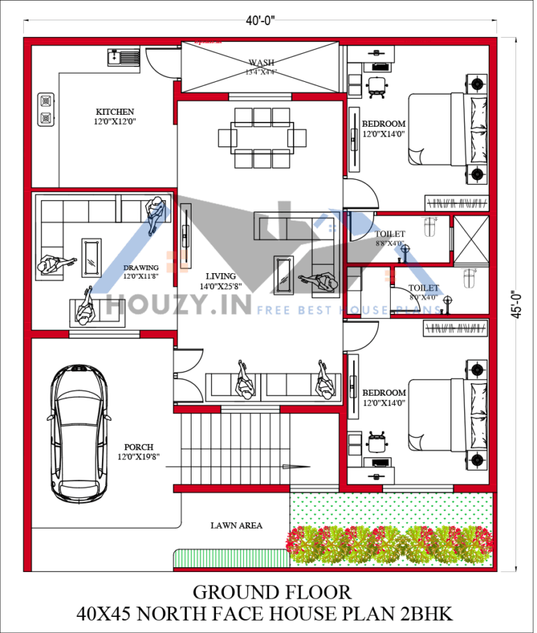 40 x 45 house plans | 40 x 45 feet house plan 2BHK | HOUZY.IN