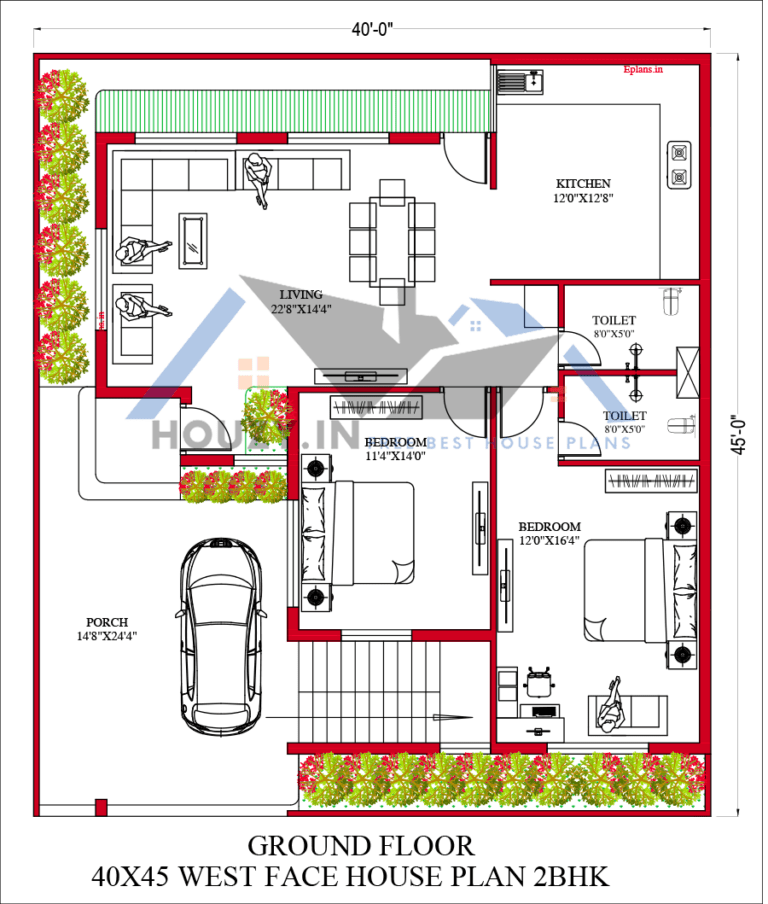40 x 45 house plans | 40 x 45 feet house plan 2BHK | HOUZY.IN