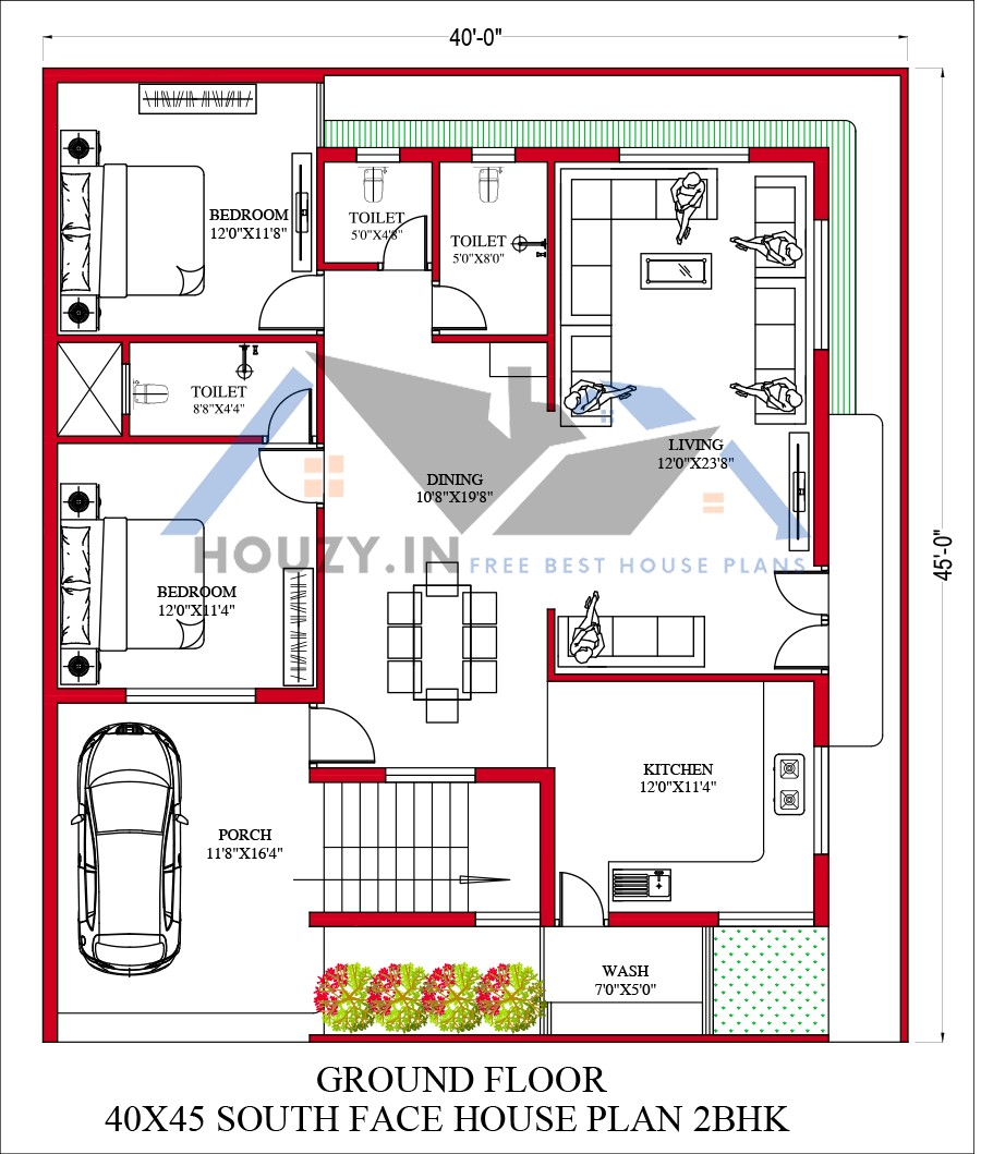 40 x 45 house plans | 40 x 45 feet house plan 2BHK | HOUZY.IN
