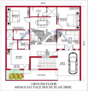 40x40 house plans | 3BHK 40x40 house plans with garage | HOUZY.IN