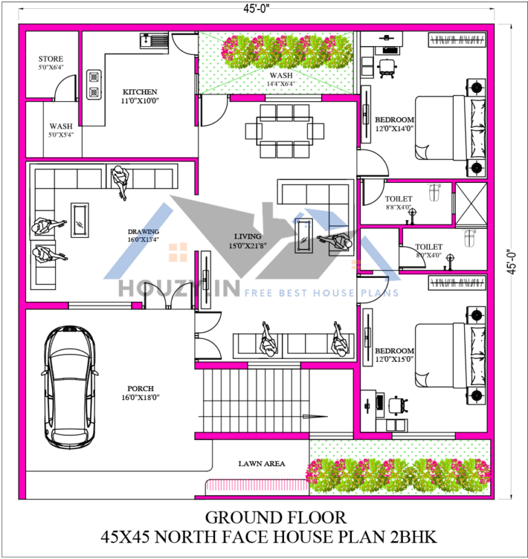 45x45 house plans | 45 by 45 house plans 3d | HOUZY.IN