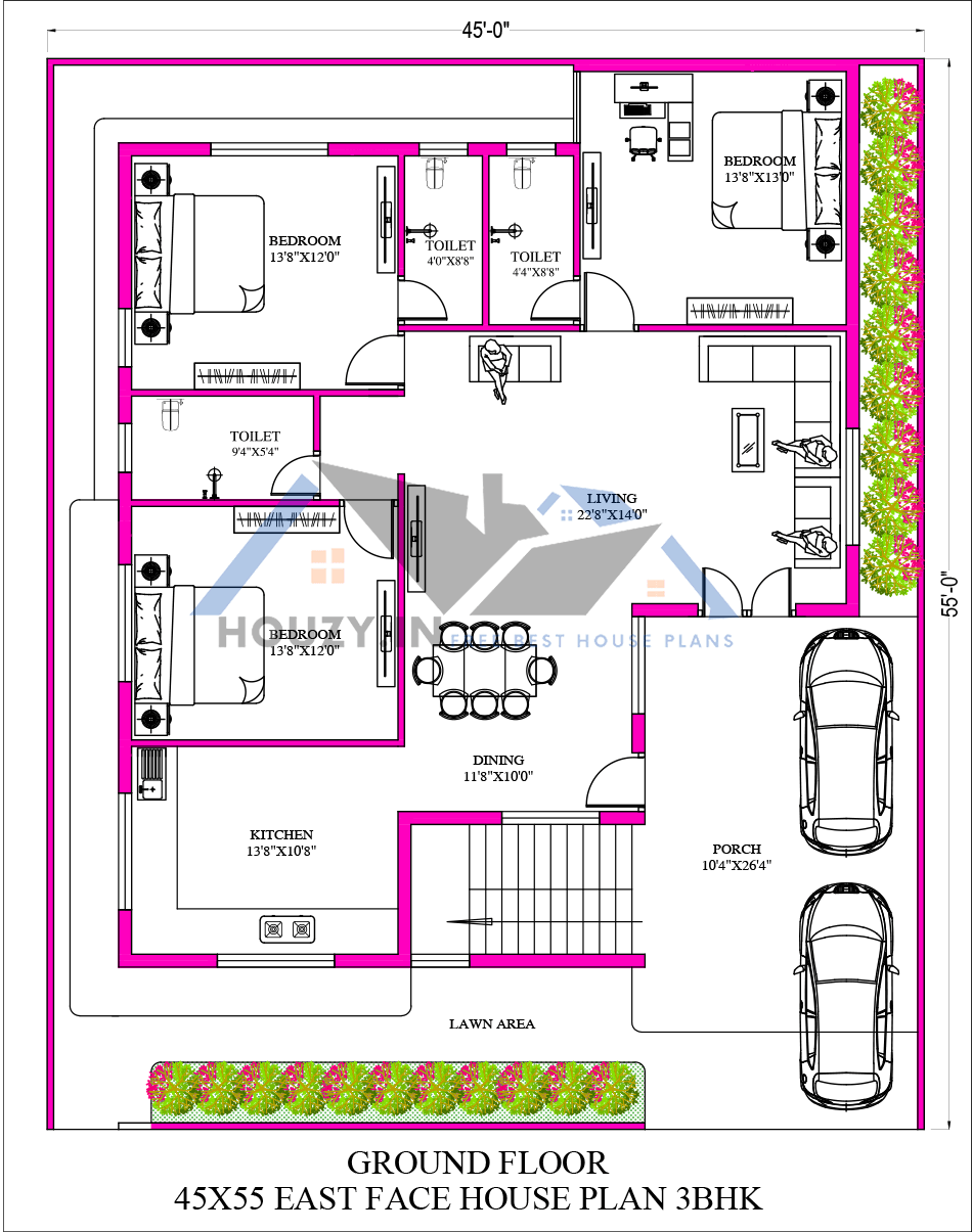 45 55 house plan | Best 45x55 feet house plan 3bhk | HOUZY.IN