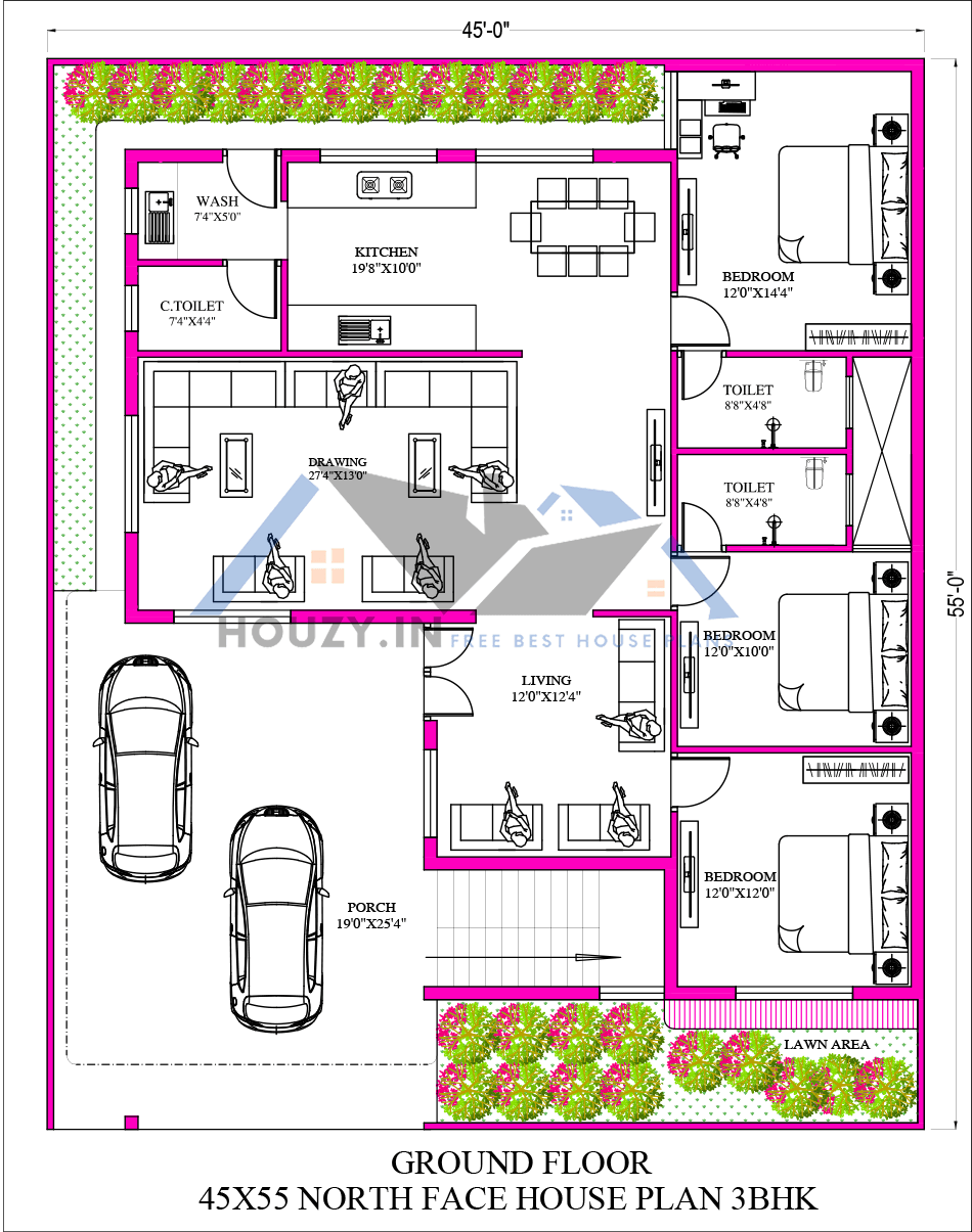45 55 house plan | Best 45x55 feet house plan 3bhk | HOUZY.IN