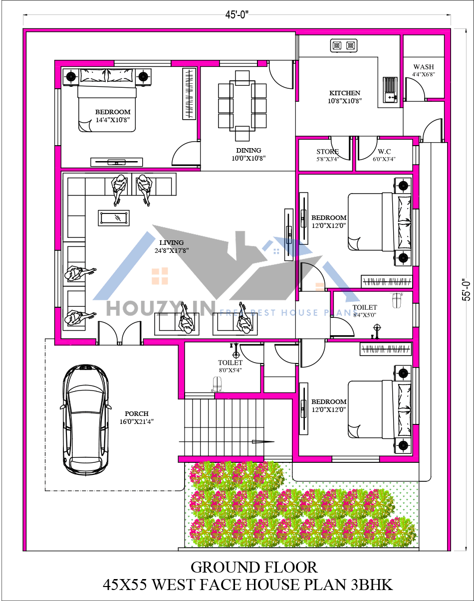45 55 house plan | Best 45x55 feet house plan 3bhk | HOUZY.IN