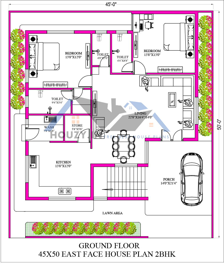45x50 house plans | 45 feet front house design 2bhk | HOUZY.IN