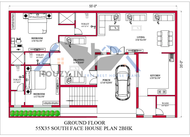 55 x 35 house plans | 2 bedrooms plan with car parking | HOUZY.IN