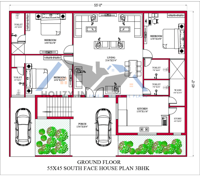 55 x 45 house plan | Best 2bhk house plan with parking | HOUZY.IN
