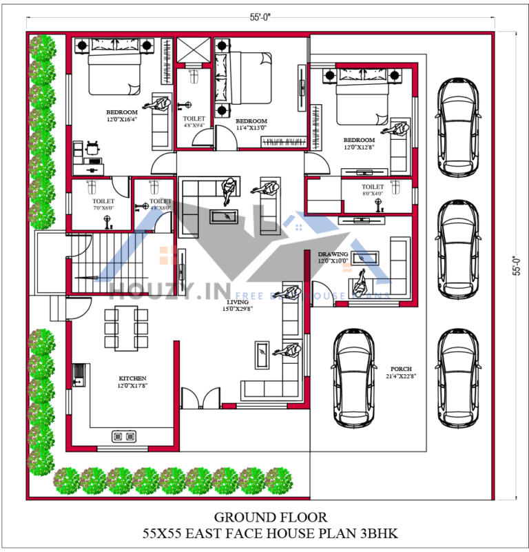 55x55 house plan | 55 by 55 feet 2bhk house plan | HOUZY.IN