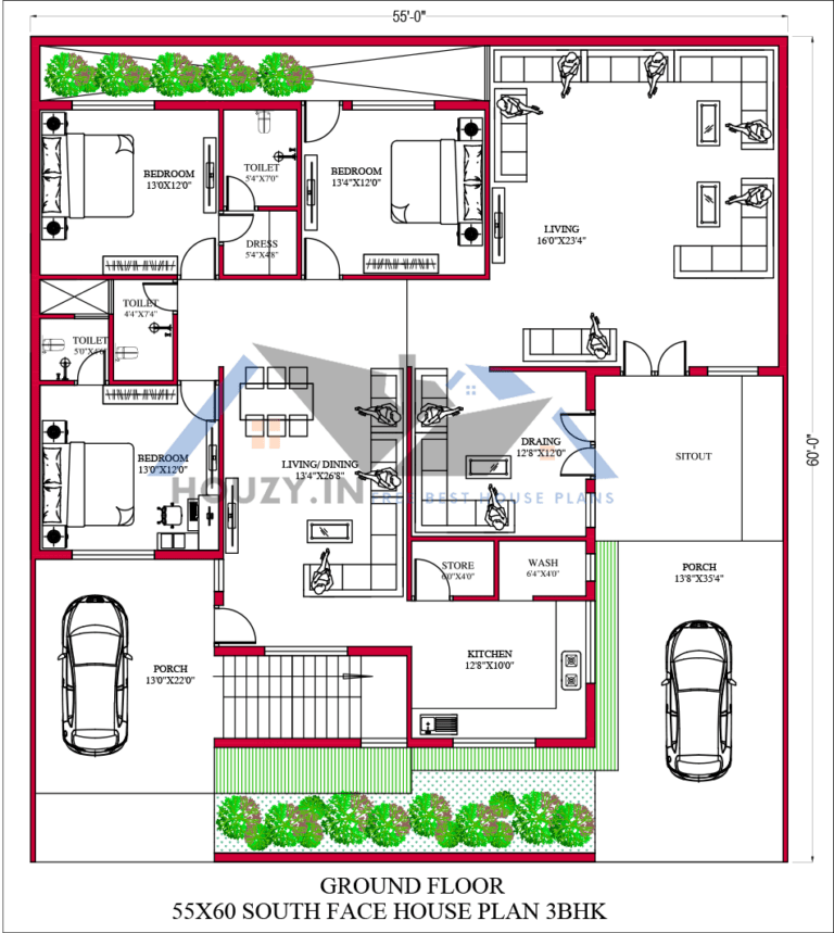 55 x 60 house plan | 55 by 60 house plan 3BHK | HOUZY.IN