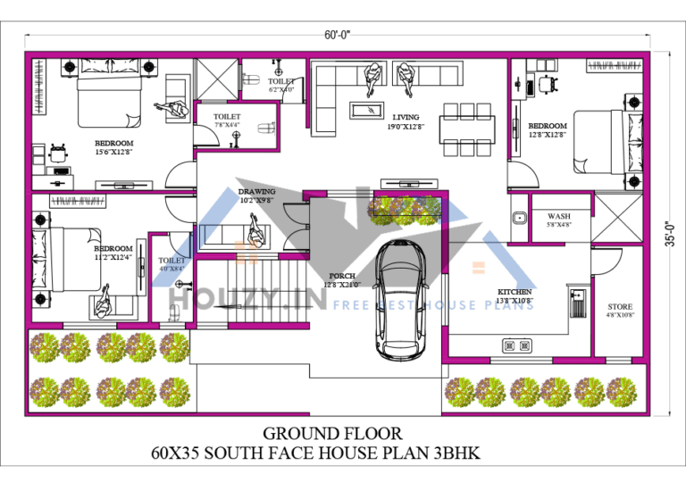 60 35 house plan | Best 60 x 35 house plans 2bhk with parking | HOUZY.IN