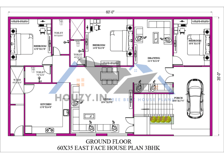 60 35 house plan | Best 60 x 35 house plans 2bhk with parking | HOUZY.IN